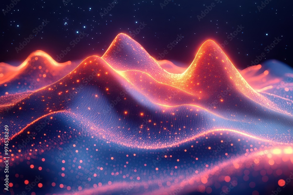 digital mountain range formed by glowing data streams and wireframes ...