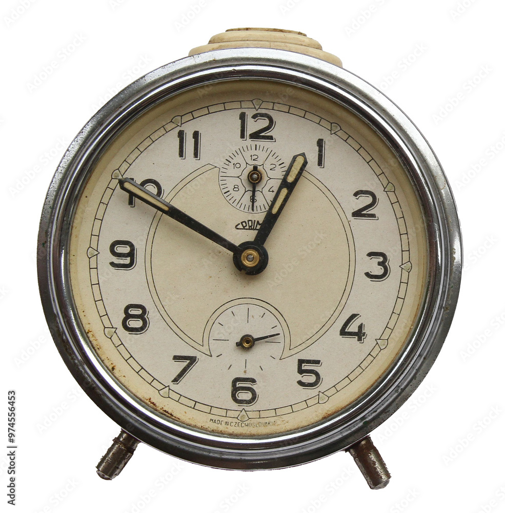 Oldschool vintage alarm clock mark Prim, Czech republic, isolated on ...