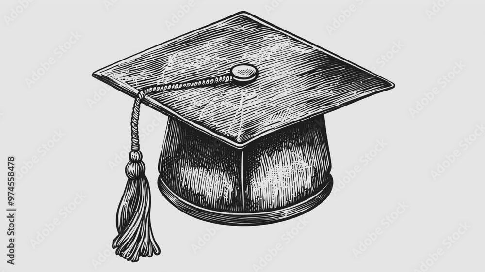 Graduation cap in engraving style graphic animation. Alpha channel ...
