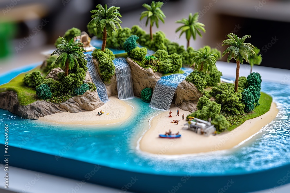 Miniature Park recreating a tropical island scene, with tiny palm trees ...