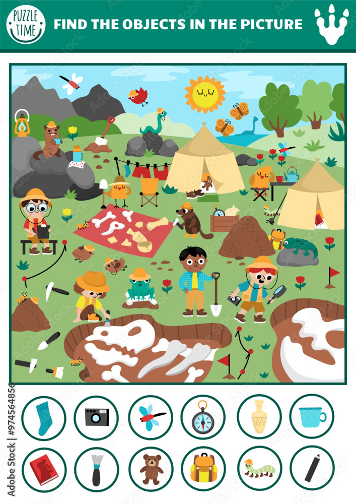 Vector dinosaur searching game with paleontologist dig camp landscape ...