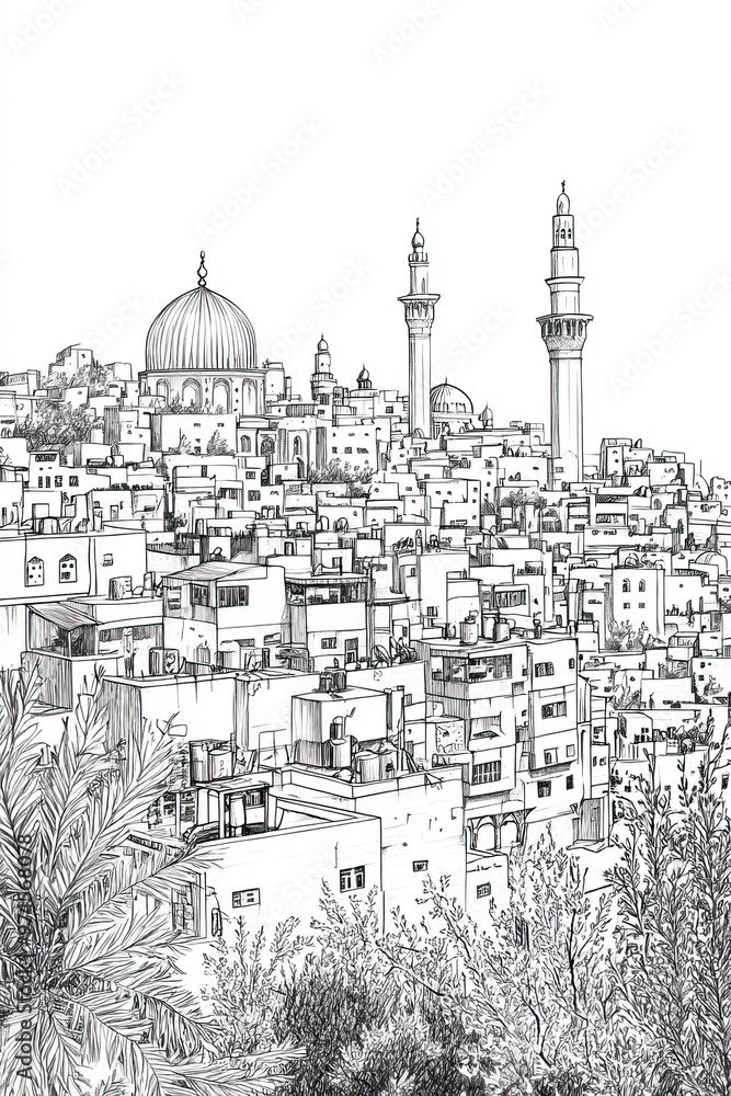 Amman, Jordan, black and white pen pencil hand-drawn effect portrait ...