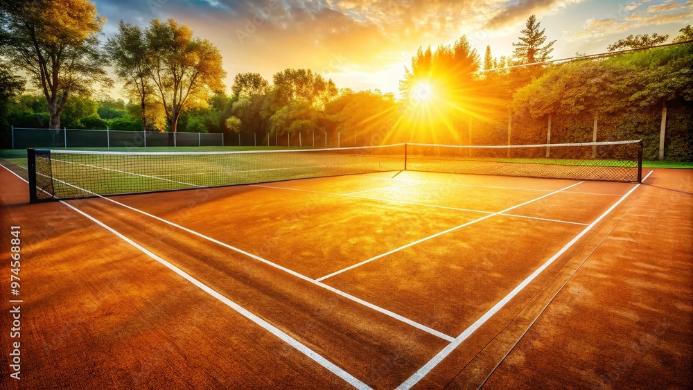 Empty tennis court with freshly drawn white lines and a scattering of ...
