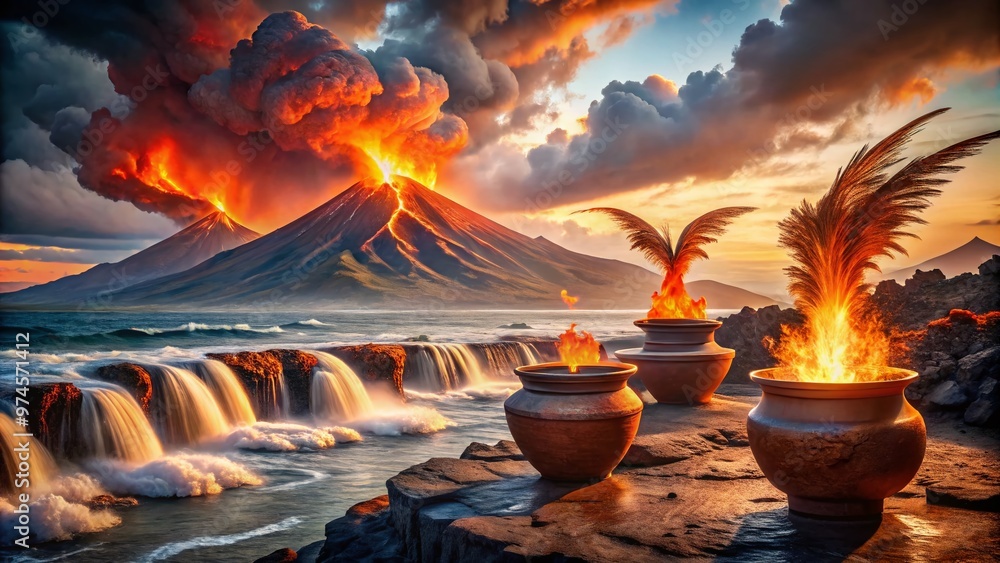 fiery volcanic lava flows, earthen terracotta pots, watery ocean waves ...
