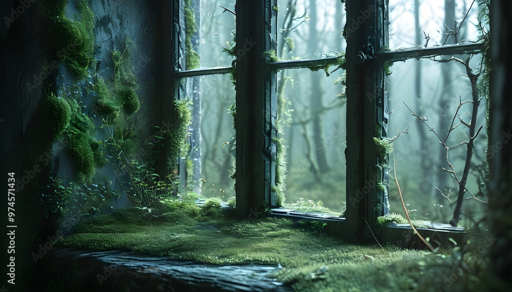 Gloomy moss-covered forest seen through a window, creating a chilling ...