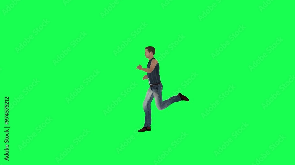 3d animated man in jeans running fast right angle green screen render ...