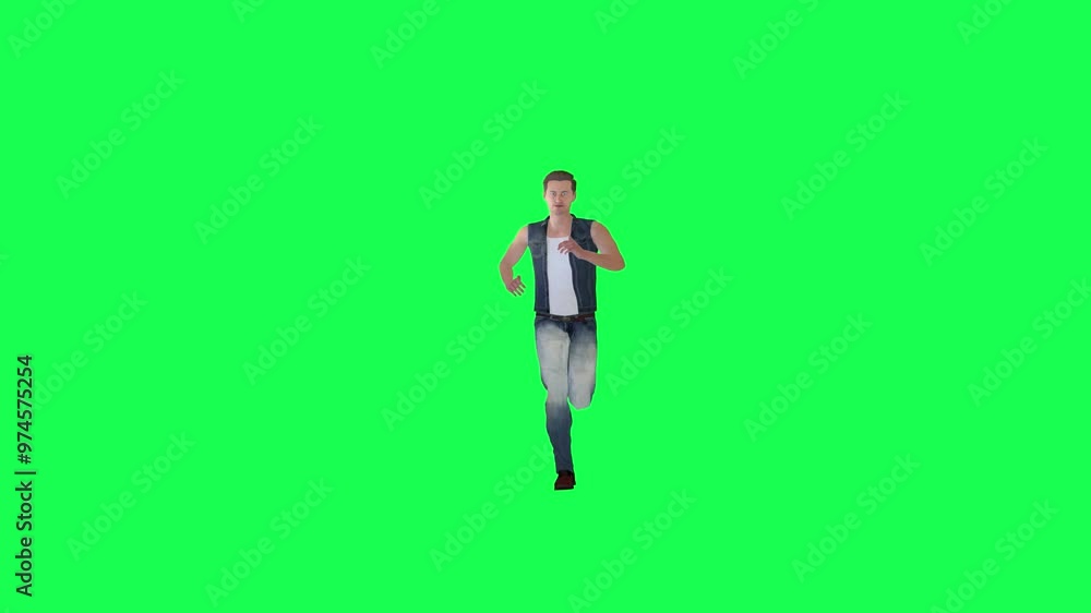 3d animated man in jeans running fast front angle green screen render ...
