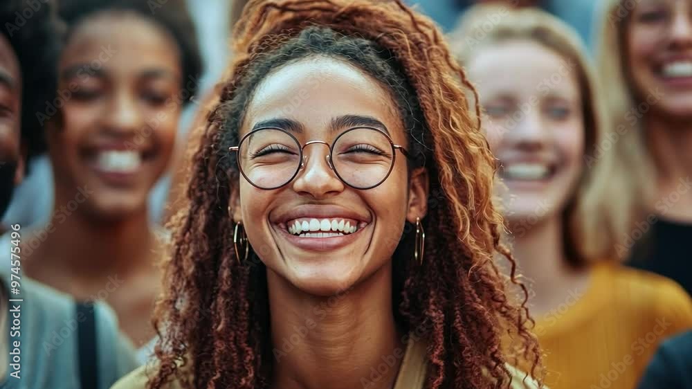 A detailed shot of a diverse group of people laughing together, their ...