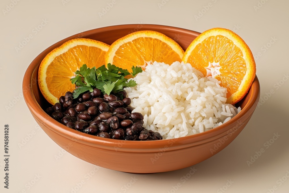 Brazilian feijoada meal, with black beans, rice, and pork served in a ...