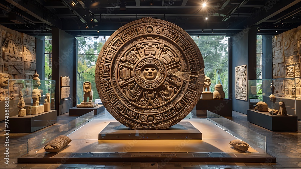 The Aztec sun stone calendar displayed in a museum, with its detailed ...