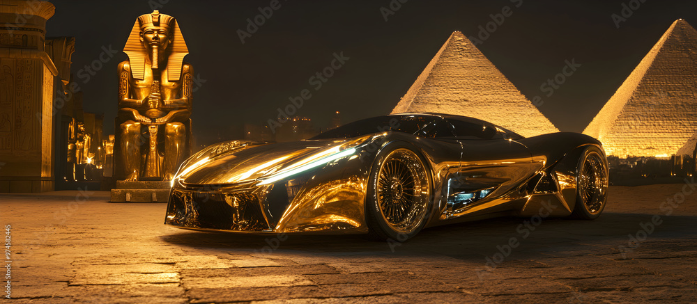 Luxurious golden supercar in futuristic design parked in front of ...