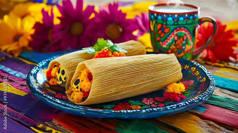 una mesa decorada colorida con un cafe caliente y tamales tradicional ...