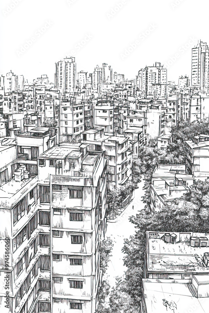Barisal, Bangladesh, black and white pen pencil hand-drawn effect ...