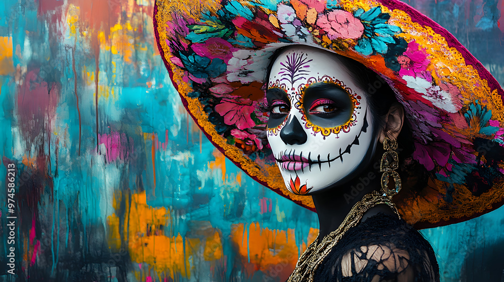 mujer elegante vestida de catrina con sombrero mexicano sobre un fondo ...