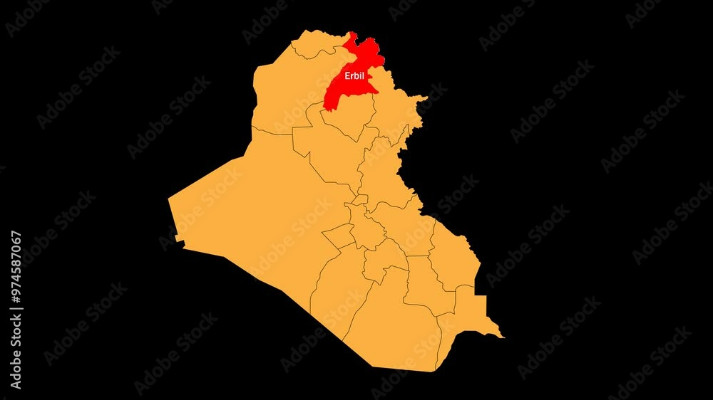 Erbil map animated video. The location is highlighted on the Iraq map ...