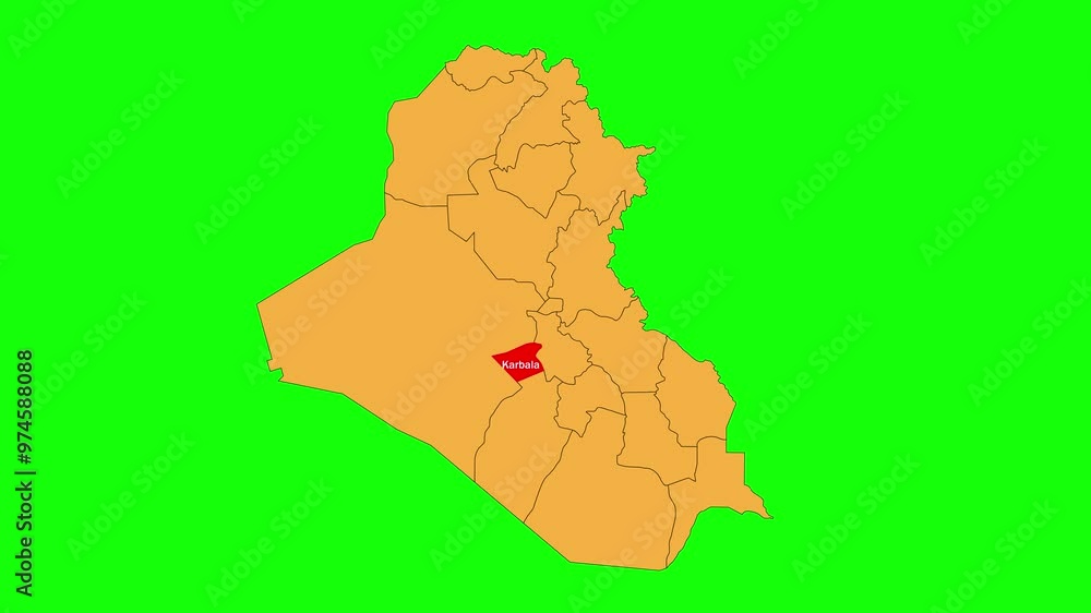 Karbala map animated video. The location is highlighted on the Iraq map ...