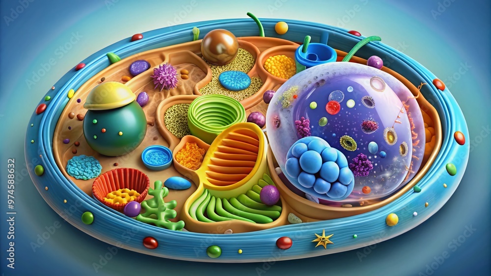 Illustrated diagram of an animal cell showing nucleus, mitochondria ...