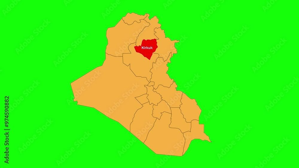 Kirkuk map animated video. The location is highlighted on the Iraq map ...