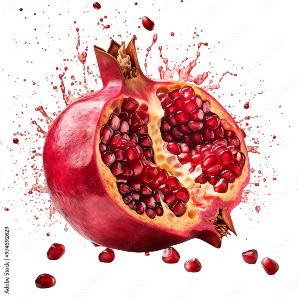 Exploding pomegranate with scattered grains on a transparent background. Vibrant red pomegranate ...