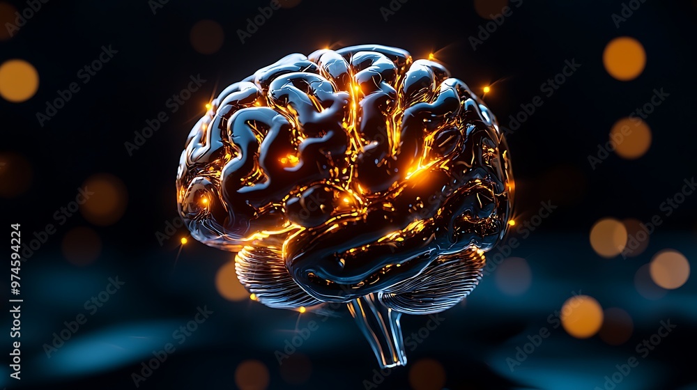 A glowing metallic brain, rendered in 3D, represents the cutting edge ...