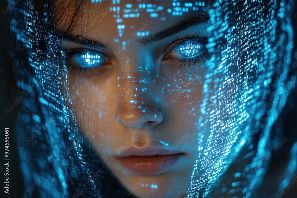 enigmatic hacker figure shrouded in darkness face obscured by cascading ...