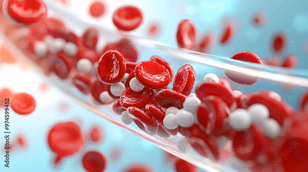 Red and white blood cells flow through a blood vessel, visualizing the ...
