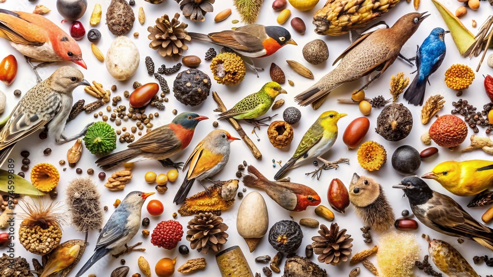 Macro close-up of various bird droppings on a white background ...