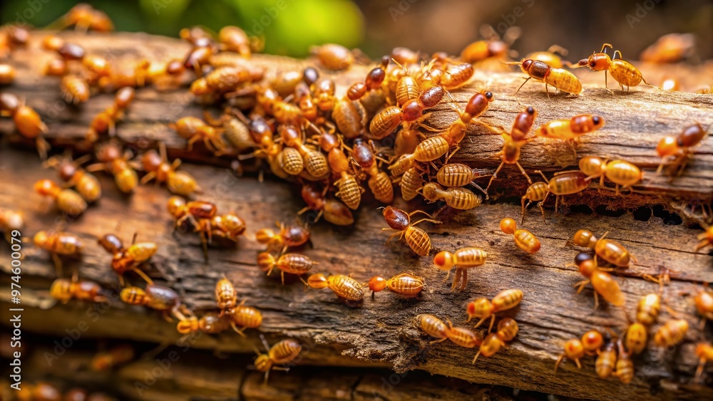 Macro shot of a termite swarm surrounding a decaying wooden beam ...