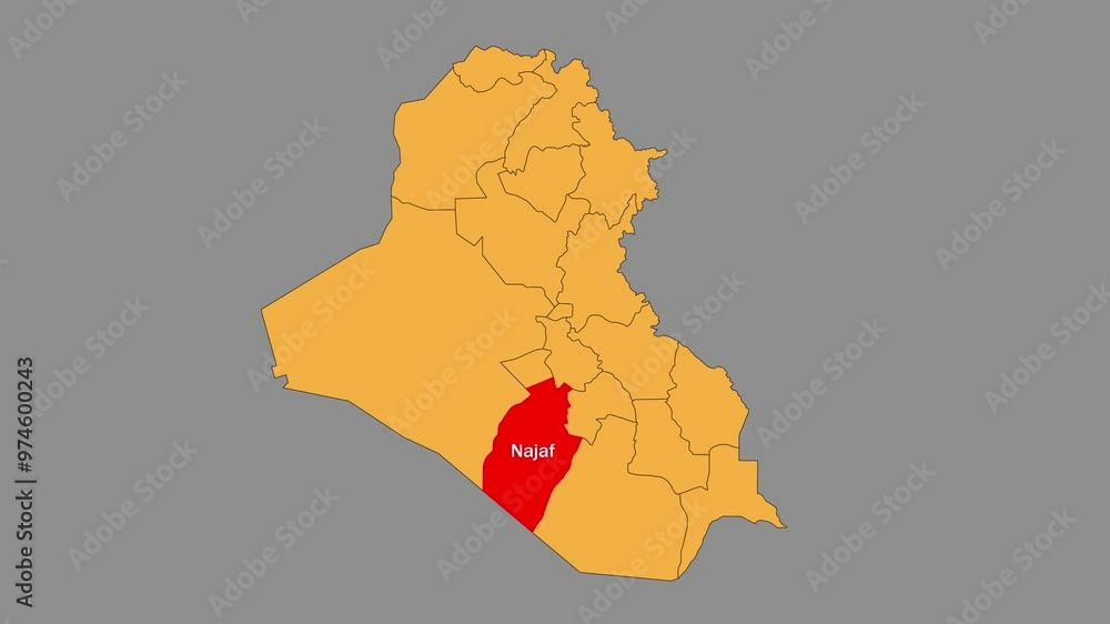 Najaf map animated video. The location is highlighted on the Iraq map ...