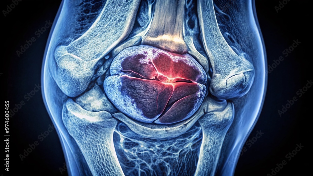 Magnified MRI scan of a knee joint showing a torn meniscus, with ...