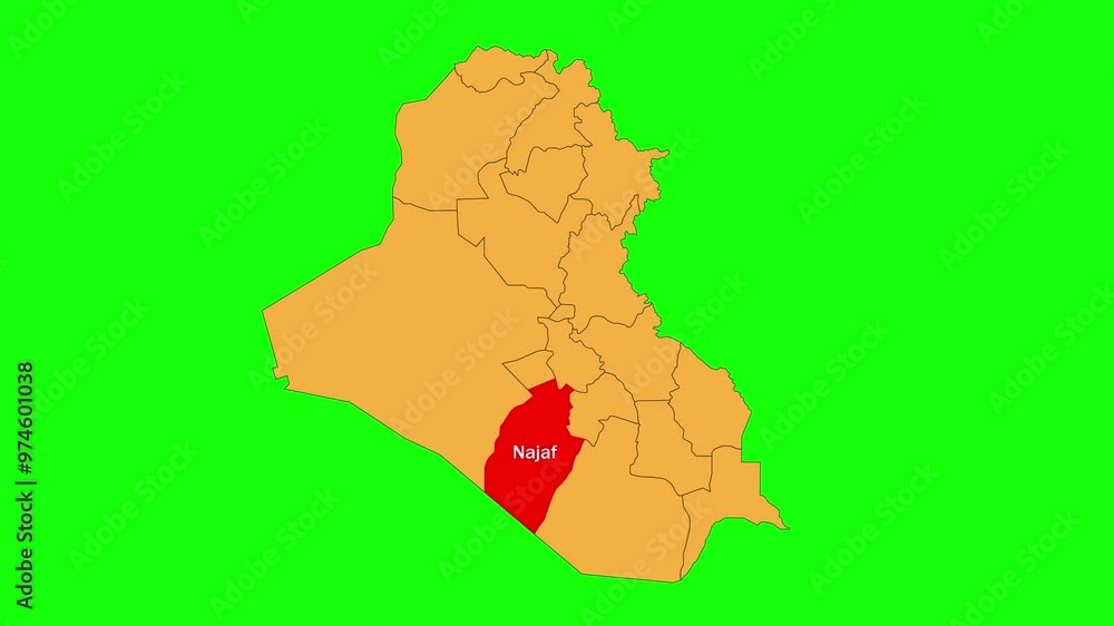 Najaf map animated video. The location is highlighted on the Iraq map ...