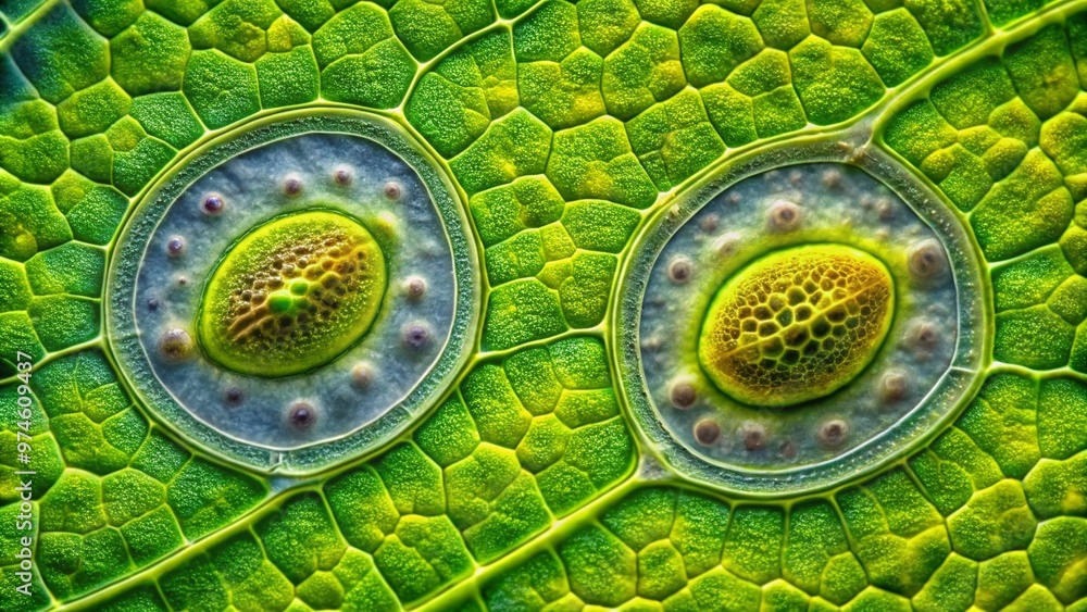 Microscopic view of stomata on a leaf's surface, showcasing pair of ...