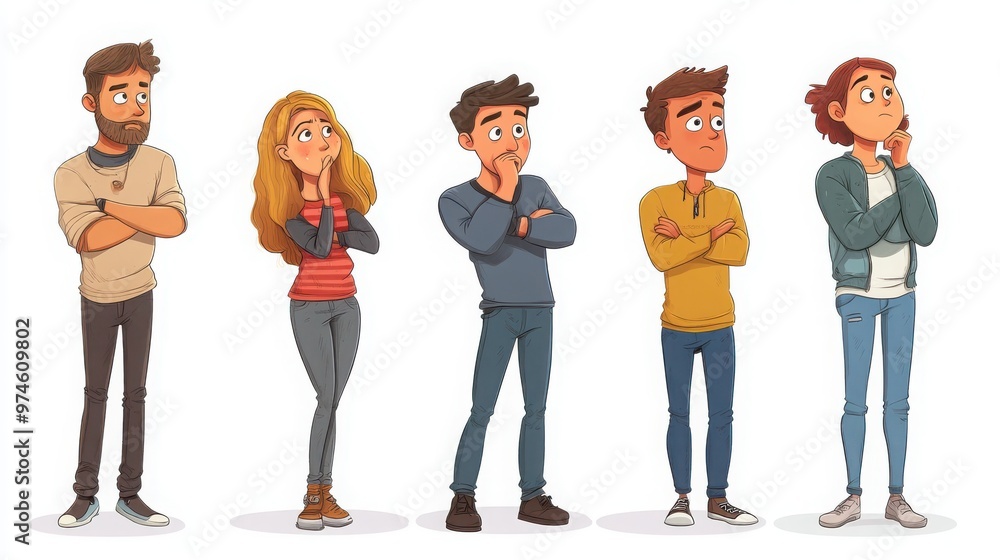 Several characters shown in a variety of thinking poses such as holding ...