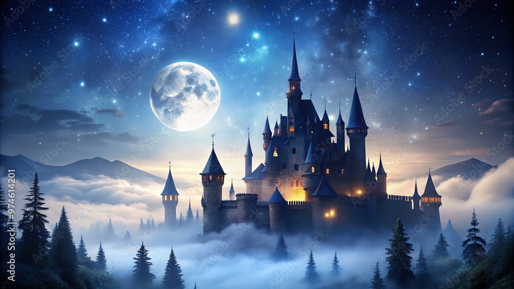 Mystical, moonlit castle silhouette with towers, turrets, and glowing ...