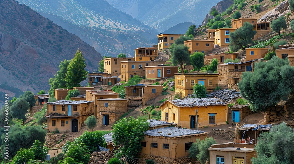 A traditional Berber village in the Atlas Mountains of Morocco, with ...