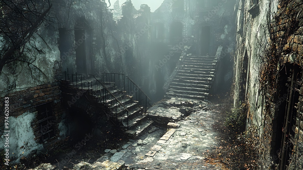 Shadowy street corners in an old slum, with dim light coming from the ...