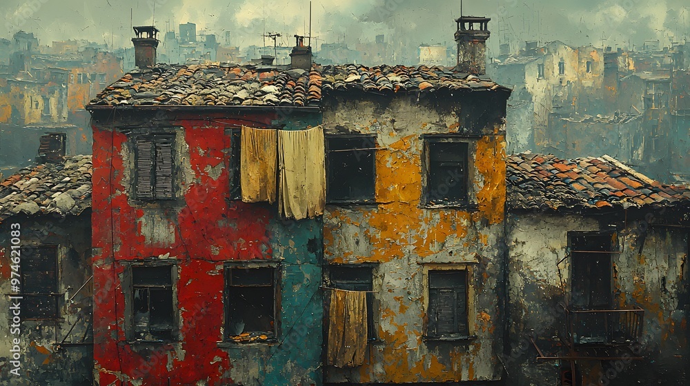 Old slum street with tattered curtains hanging from broken windows, and ...