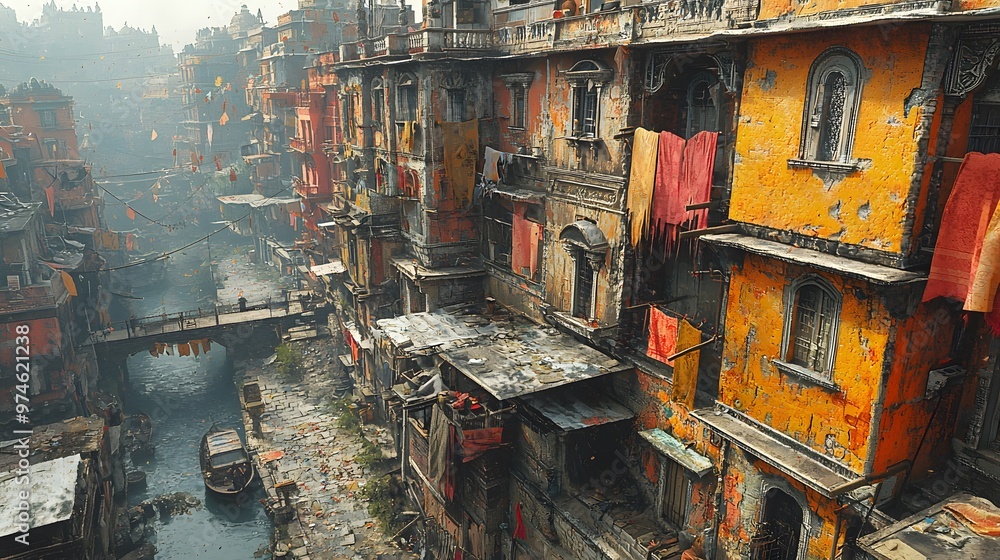 Narrow street corner in an old slum, with stacked houses towering over ...