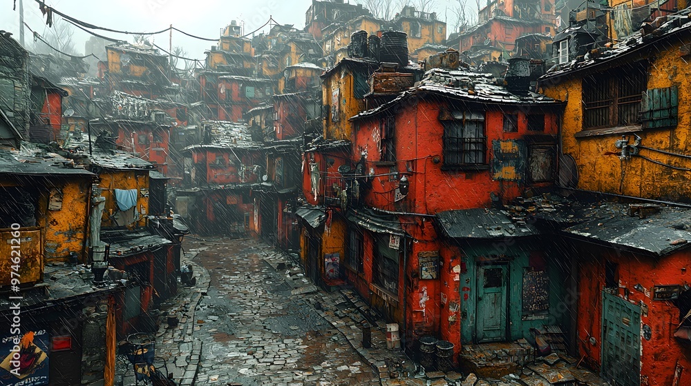 Narrow street corner in an old slum, with stacked houses towering over ...