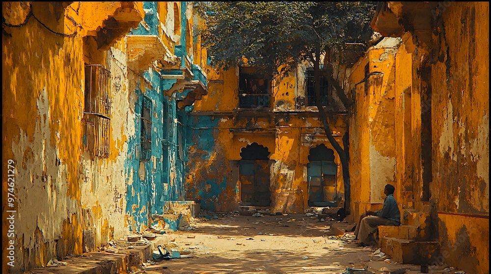 Faded murals on crumbling walls in a slum alleyway, with locals sitting ...