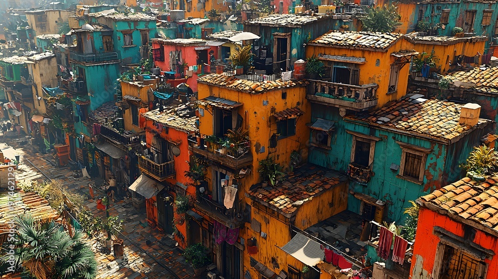Narrow street corner in an old slum, with stacked houses towering over ...