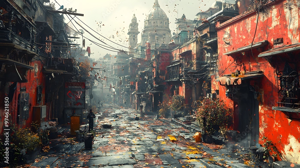 Busy street in a slum with old, cracked walls, rusty roofs, and power ...