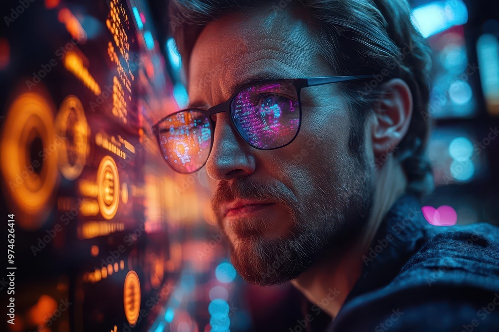 Focused Programmer Immersed In Coding Multiple Screens Displaying Colorful Syntax Dark Room