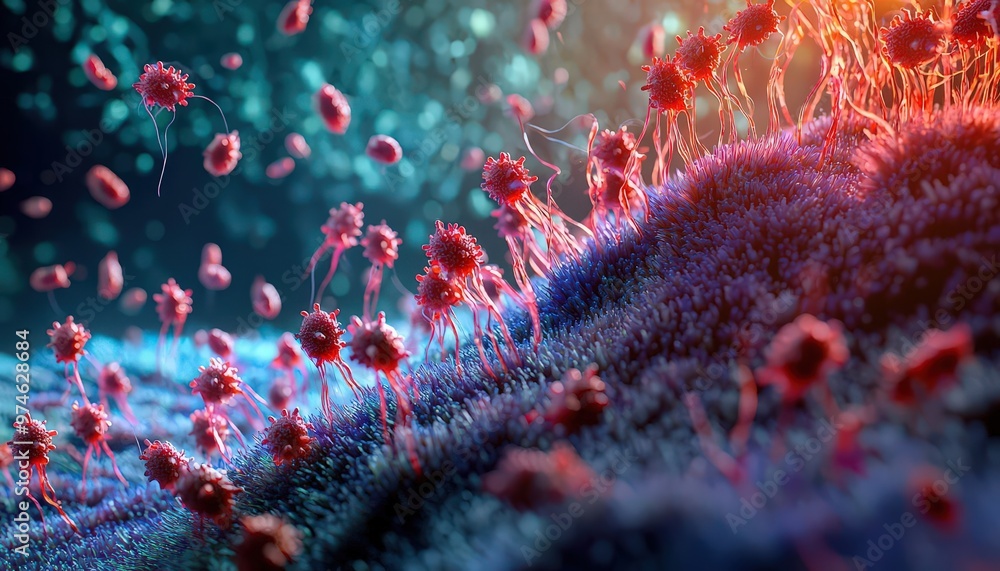 A cinematic depiction of skin cells inflamed by an allergic reaction ...
