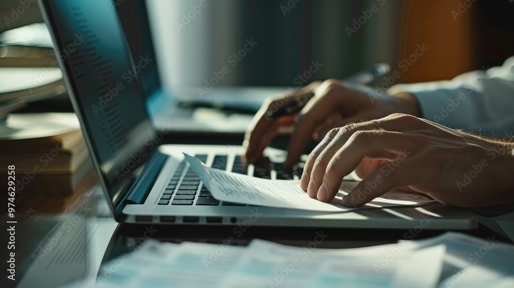 Technical writer typing detailed documentation on a laptop with open ...