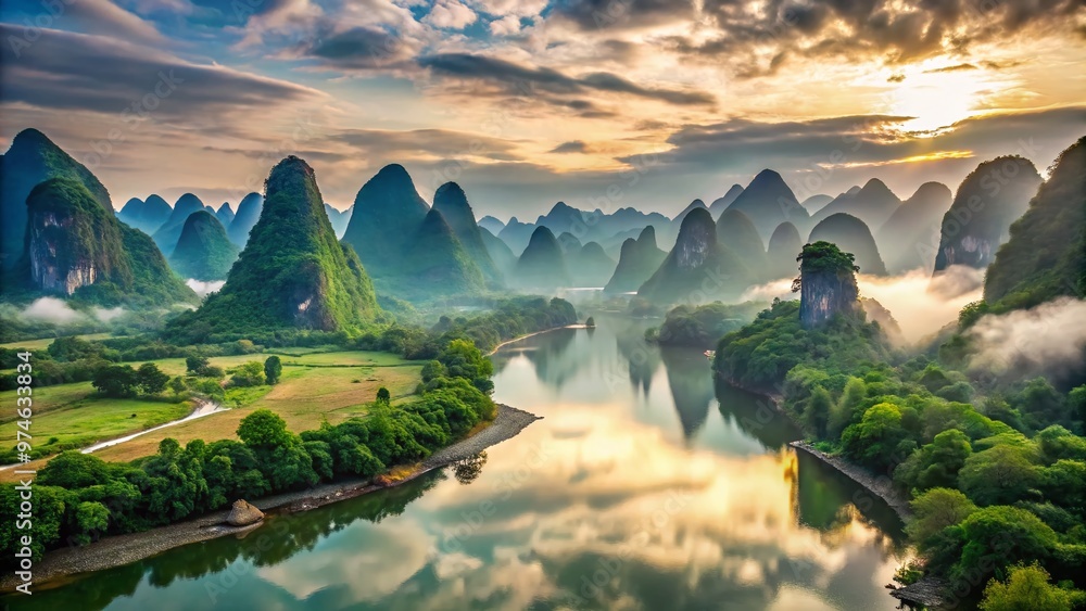 Serene misty Guilin mountainscape with karst peaks, lush green forests ...