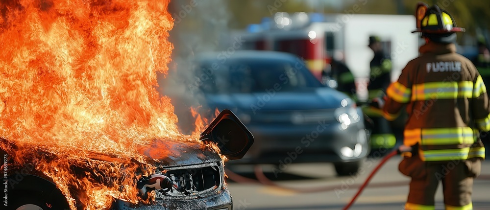 A public safety demonstration on handling electric vehicle fires, with ...