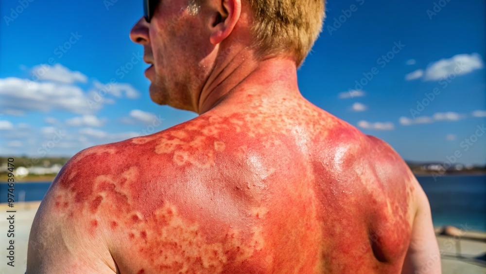 Severe sunburned skin with blistering, peeling, and redness, showcasing ...