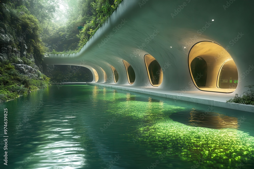 futuristic ecofriendly water treatment facility bioluminescent algae ...