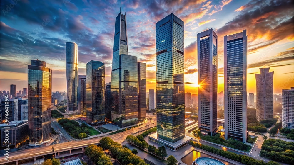 Sleek, angular skyscrapers with reflective glass facades pierce the sky ...